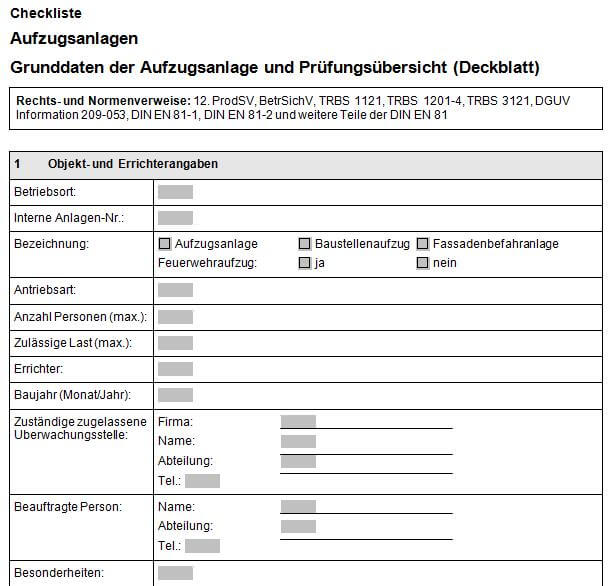 Prüfung von Aufzuganlagen - TRBS 1201 Teil 4